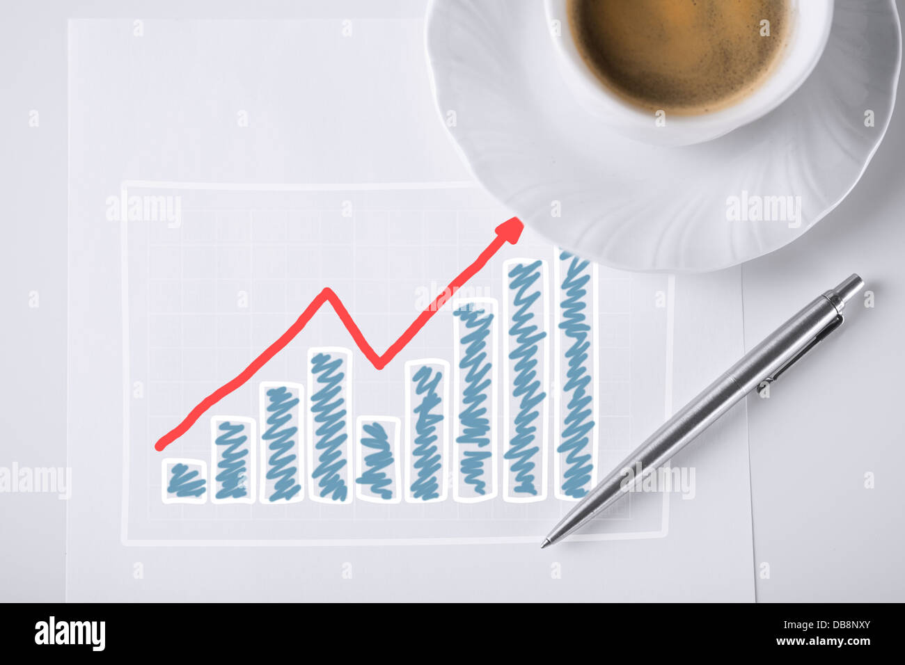 sketch with growing chart , arrow and coffee Stock Photo - Alamy