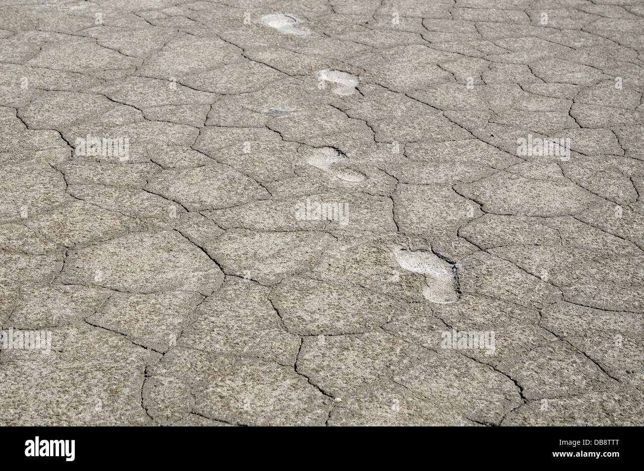 Footsteps on the cracked salt ground Stock Photo - Alamy