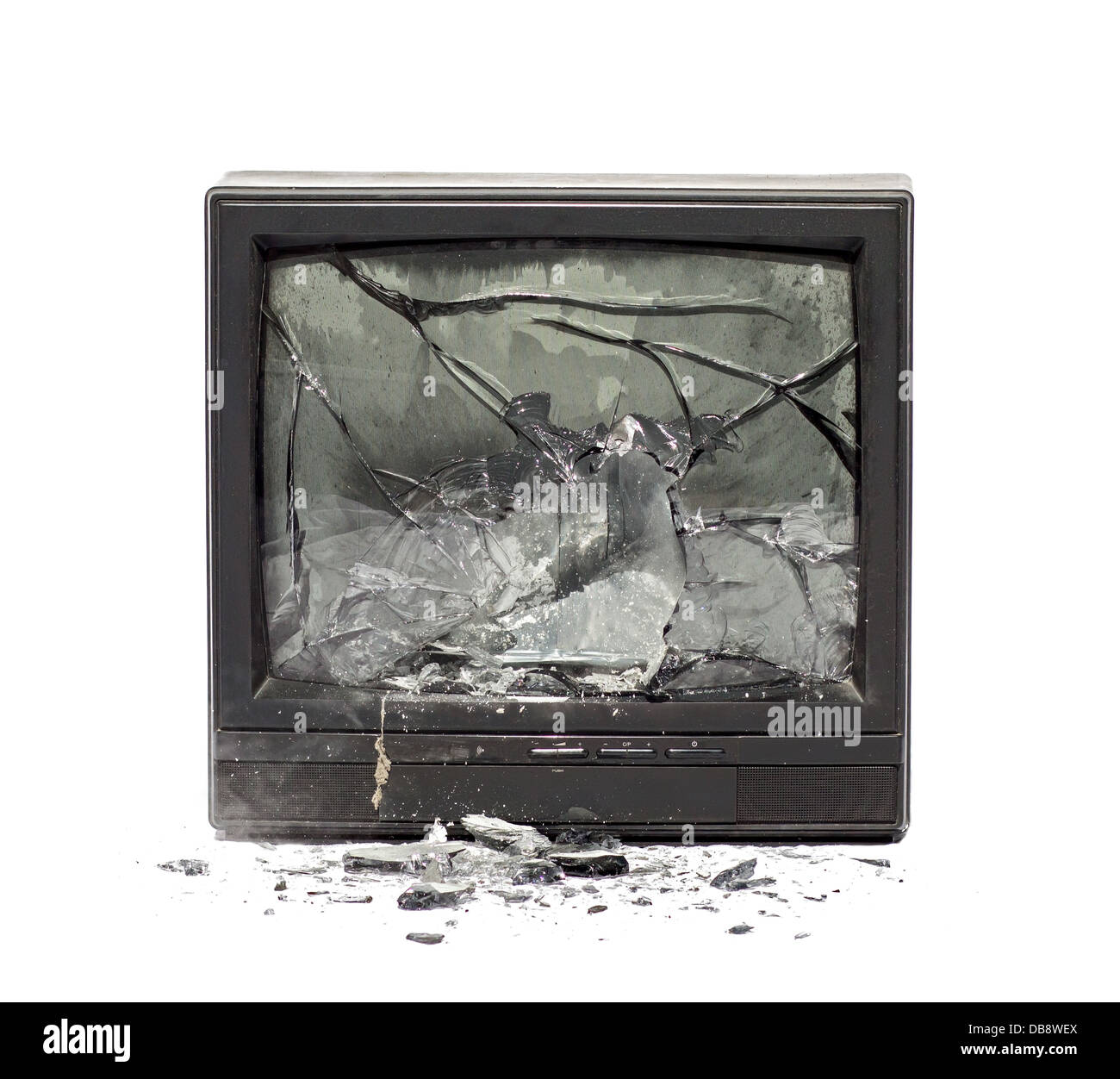 Television exploding isolated on white background Stock Photo - Alamy