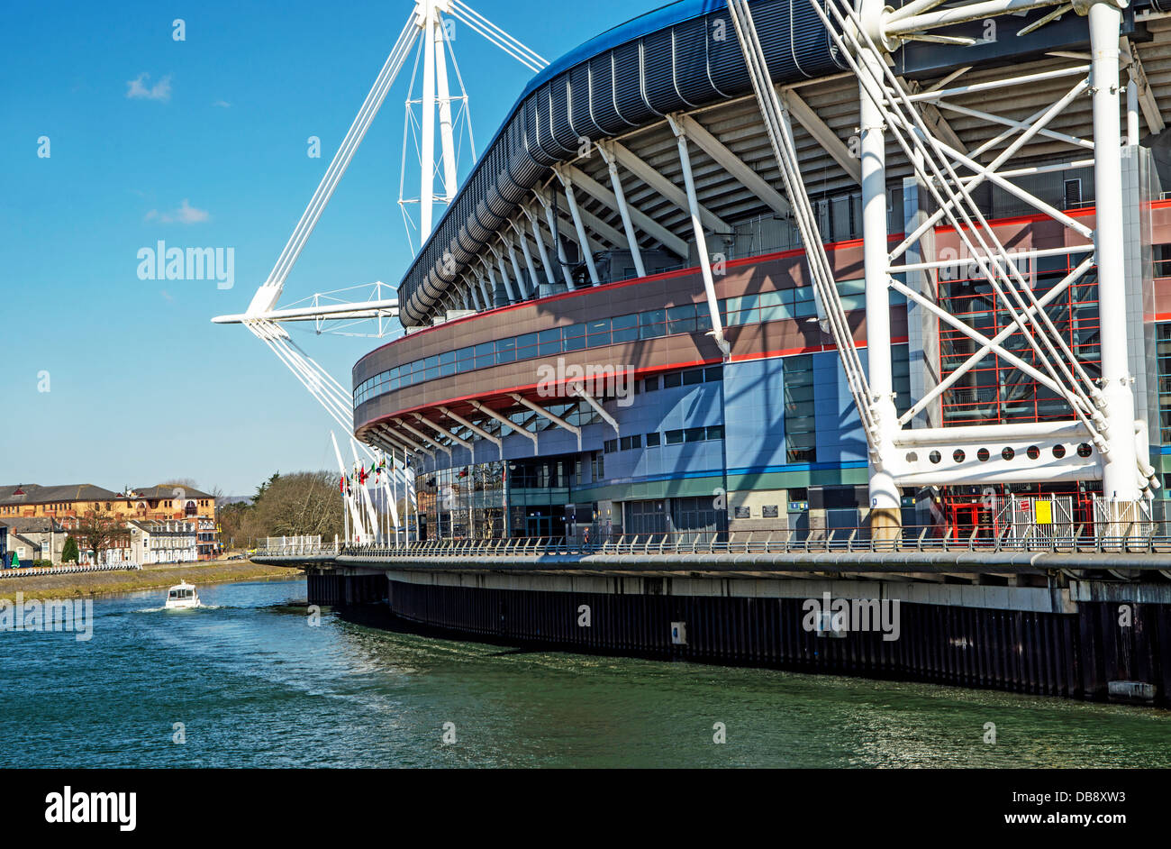 Millennium Stadium and River Taff Cardiff with a passenger ferry boat ...