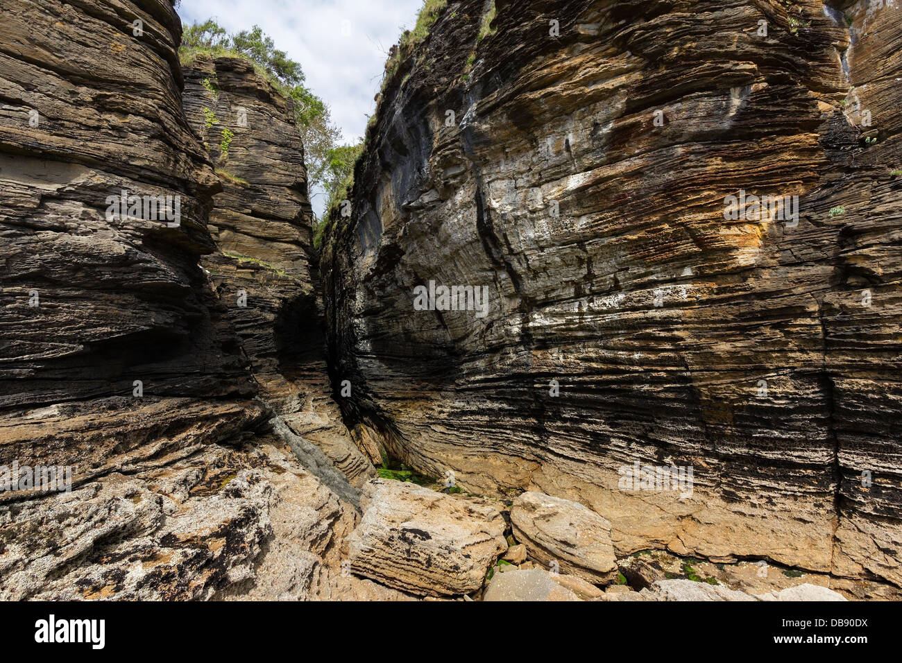 Dramatic eroded sedimentary rock strata and ravine in sea cliffs on ...