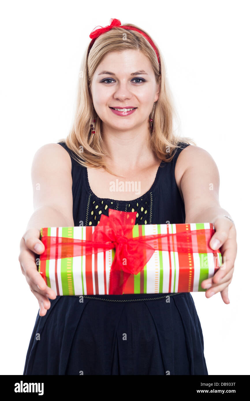 Happy generous woman giving present, isolated on white background Stock ...