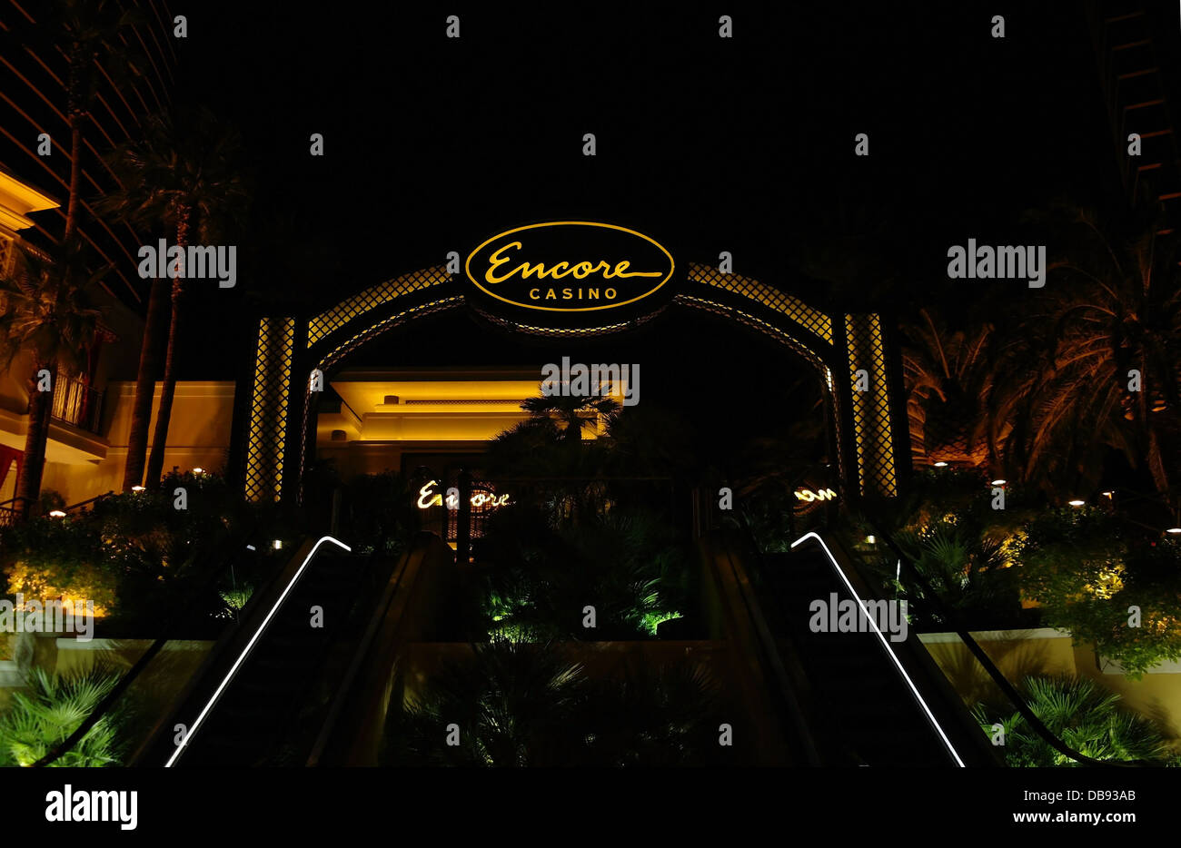 Night view white neon illuminated green leaves tiered garden rising ...