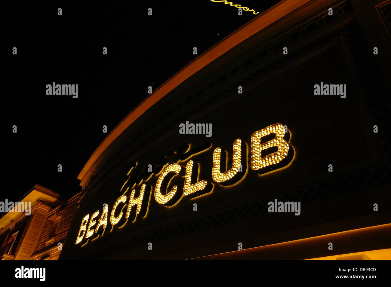 Oblique night view yellow neon name 'Encore Beach Club', Encore Hotel ...