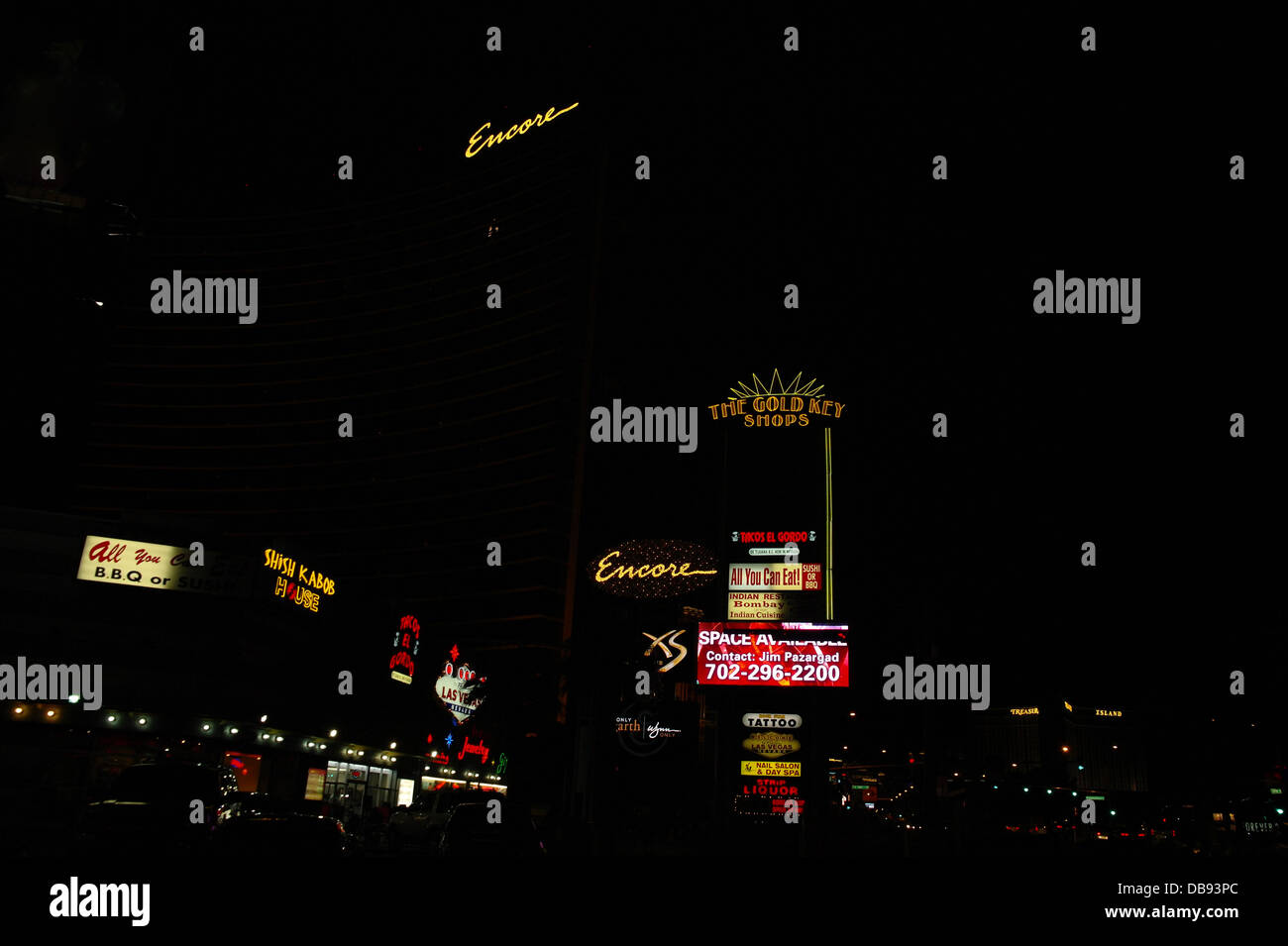 Night view, to Encore and Treasure Island Resorts, neon road sign and ...