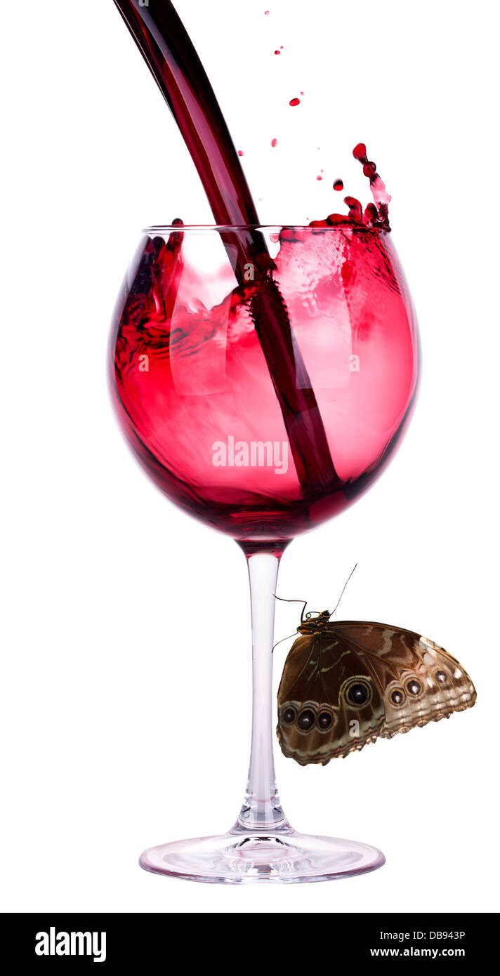 Splash red wine against a white and butterfly background Stock Photo ...