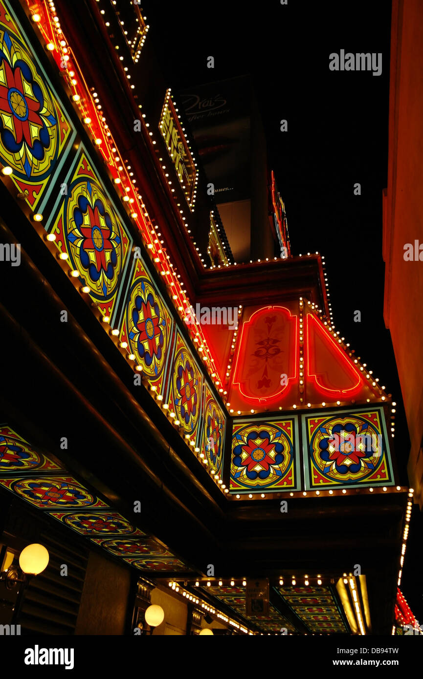 Night portrait ornate red neon electric lights marquee Bill's Gamblin ...