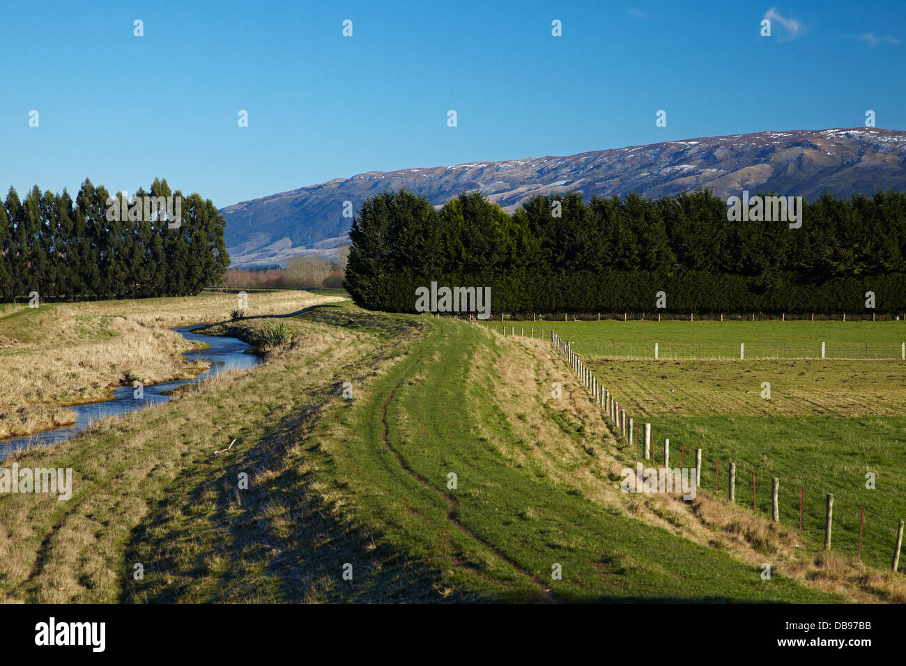 Silver Stream and flood banks, Taieri Plains, near Dunedin, South ...