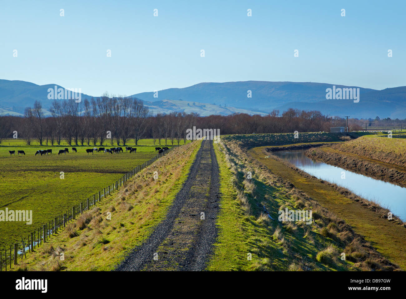 Silver Stream and flood banks, Taieri Plains, near Dunedin, South ...
