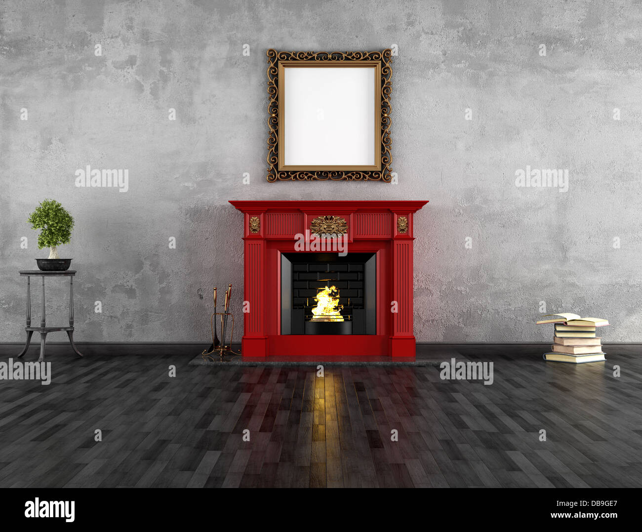 vintage room with red classic fireplace - rendering Stock Photo - Alamy