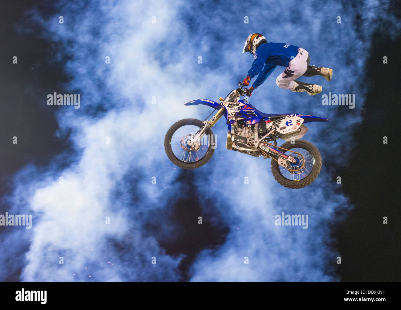 Unidentified rider giving FMX motocross demonstration as part of the ...