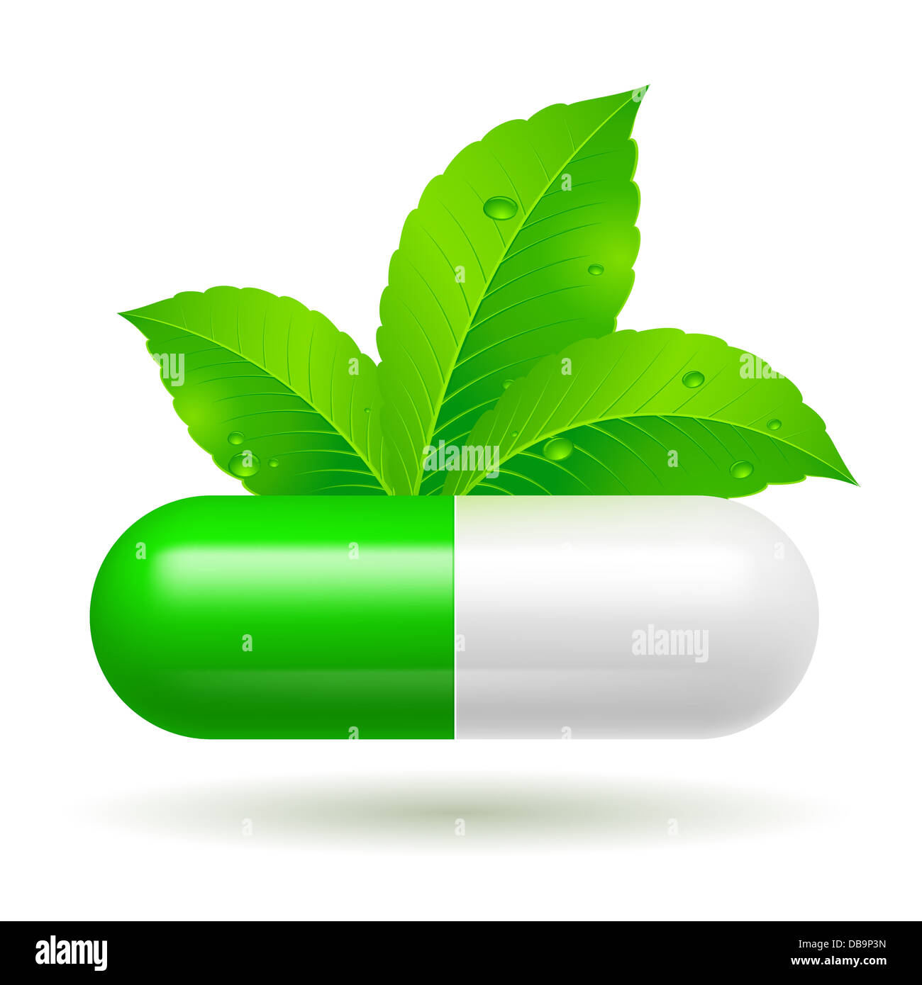 Organic capsule with green Leaves. Illustration on white Stock Photo ...