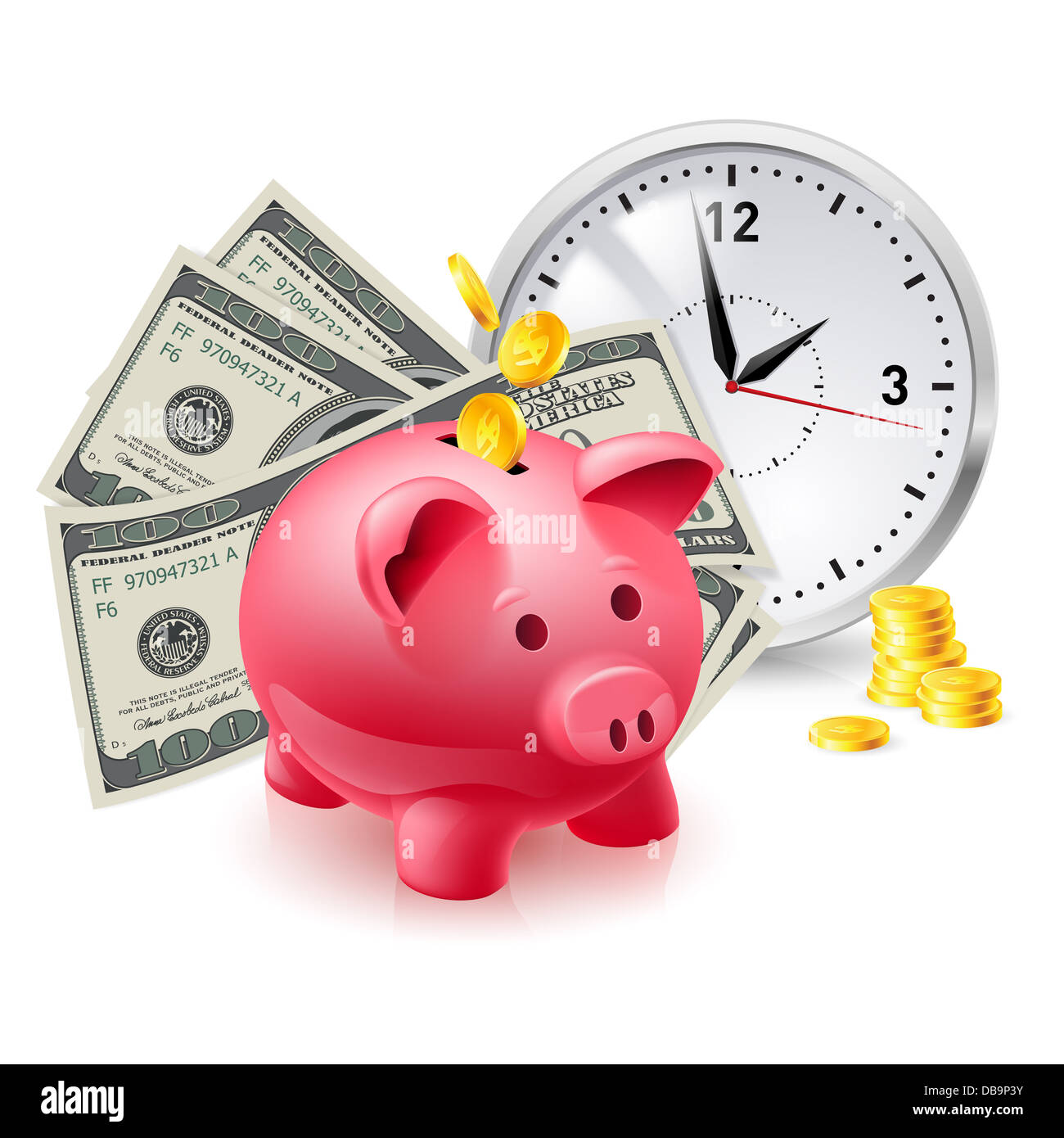 Time is money. Pig moneybox and money with Office Clock Stock Photo - Alamy