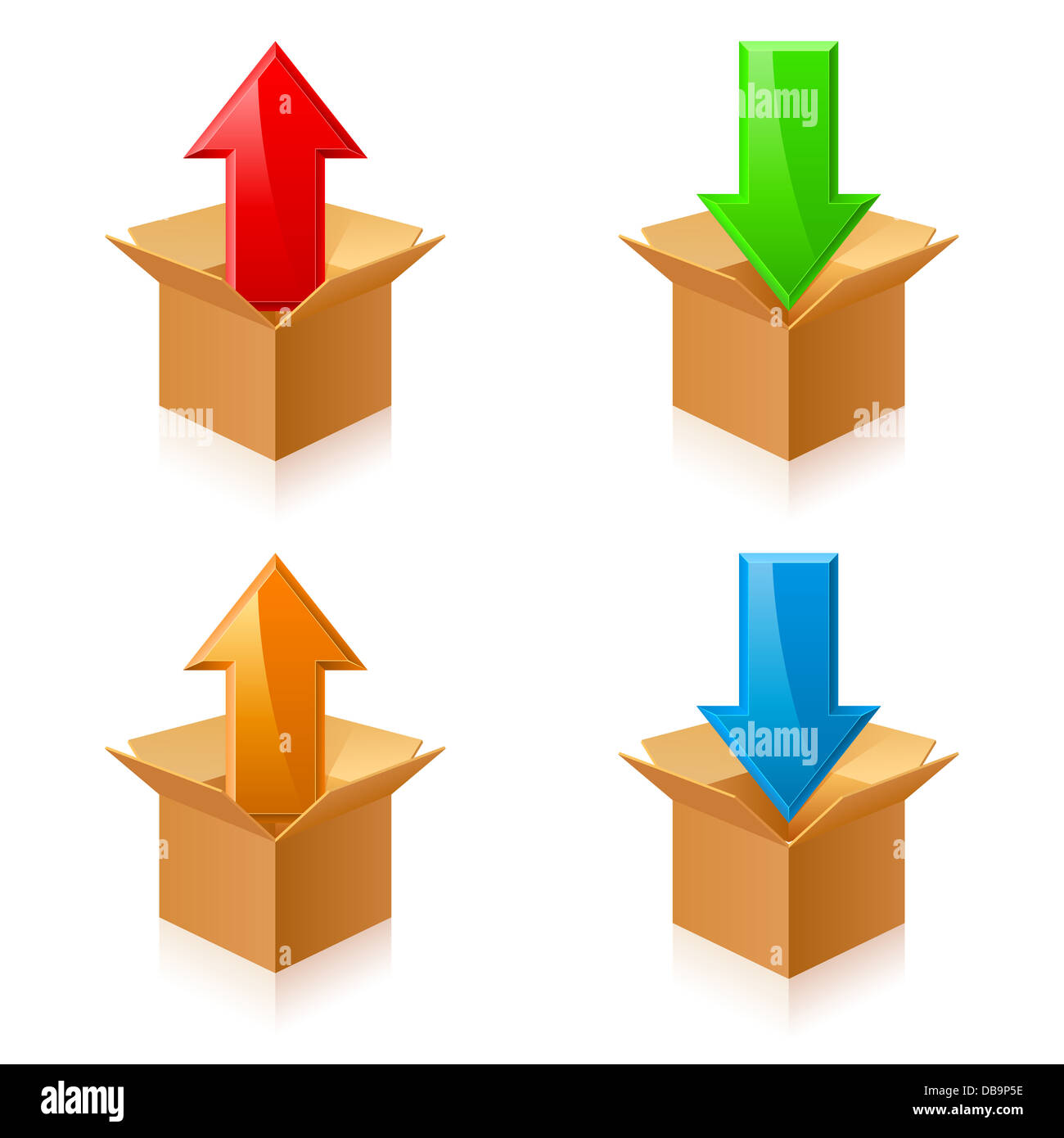 Illustration of open color cardboard boxes and arrows. For design Stock ...