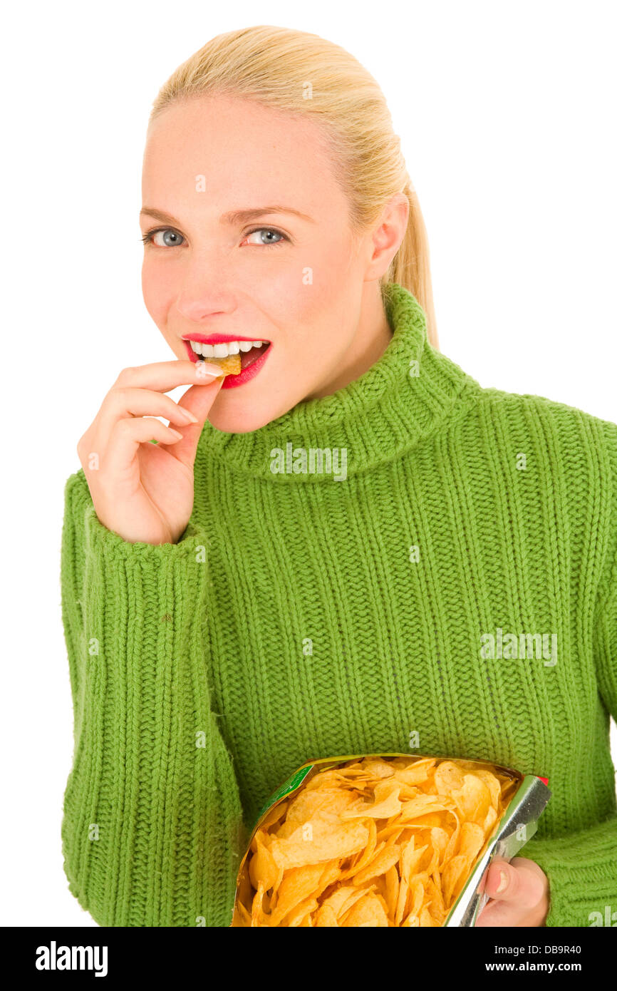 woman eating crisps Stock Photo - Alamy