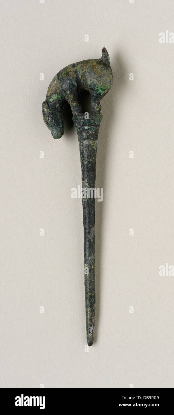 This bronze pin features Terminus, the Roman god of boundaries ...