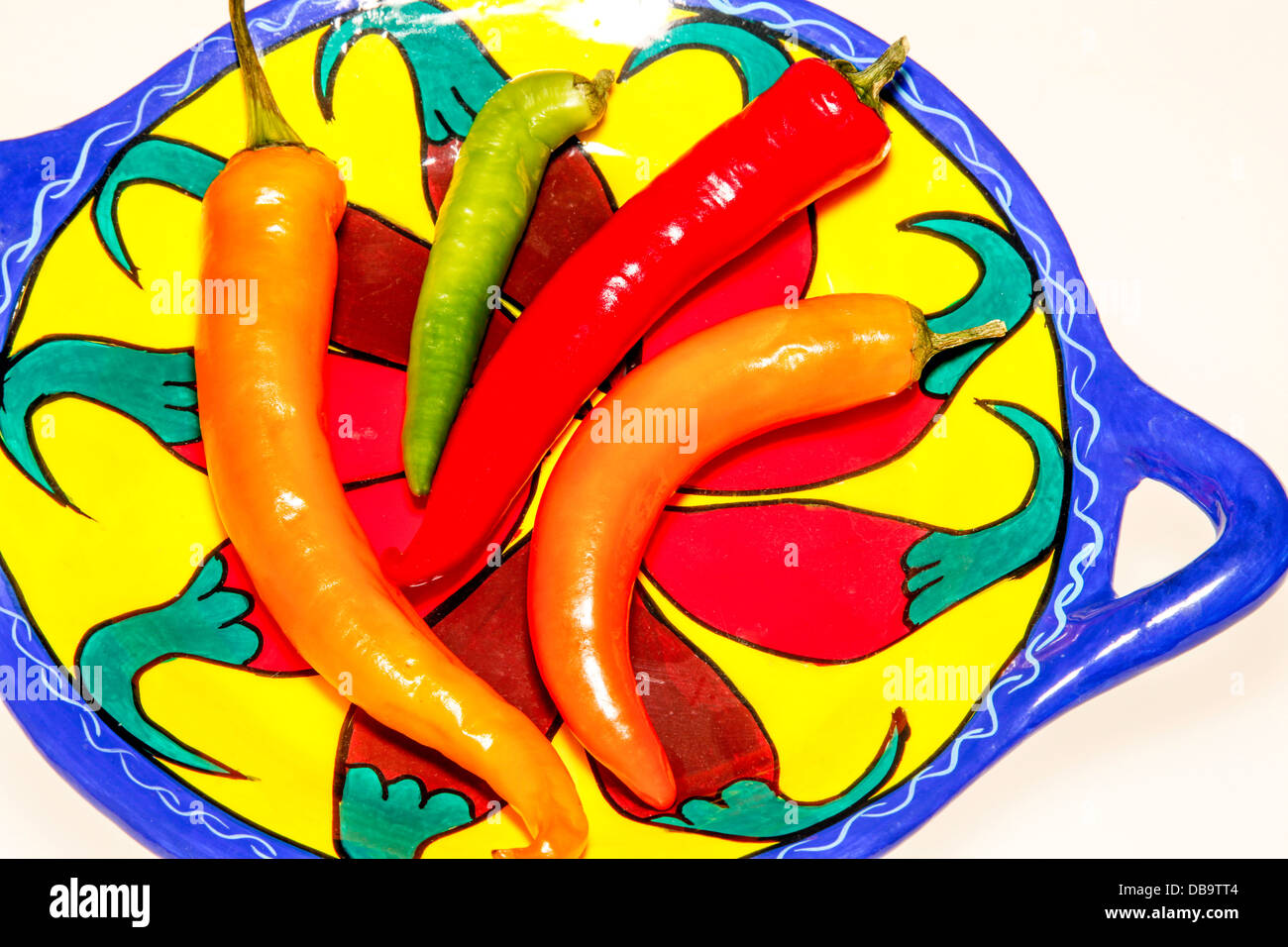 Red and Yellow Hot Chili Peppers on Mexican colorful serving plate used ...