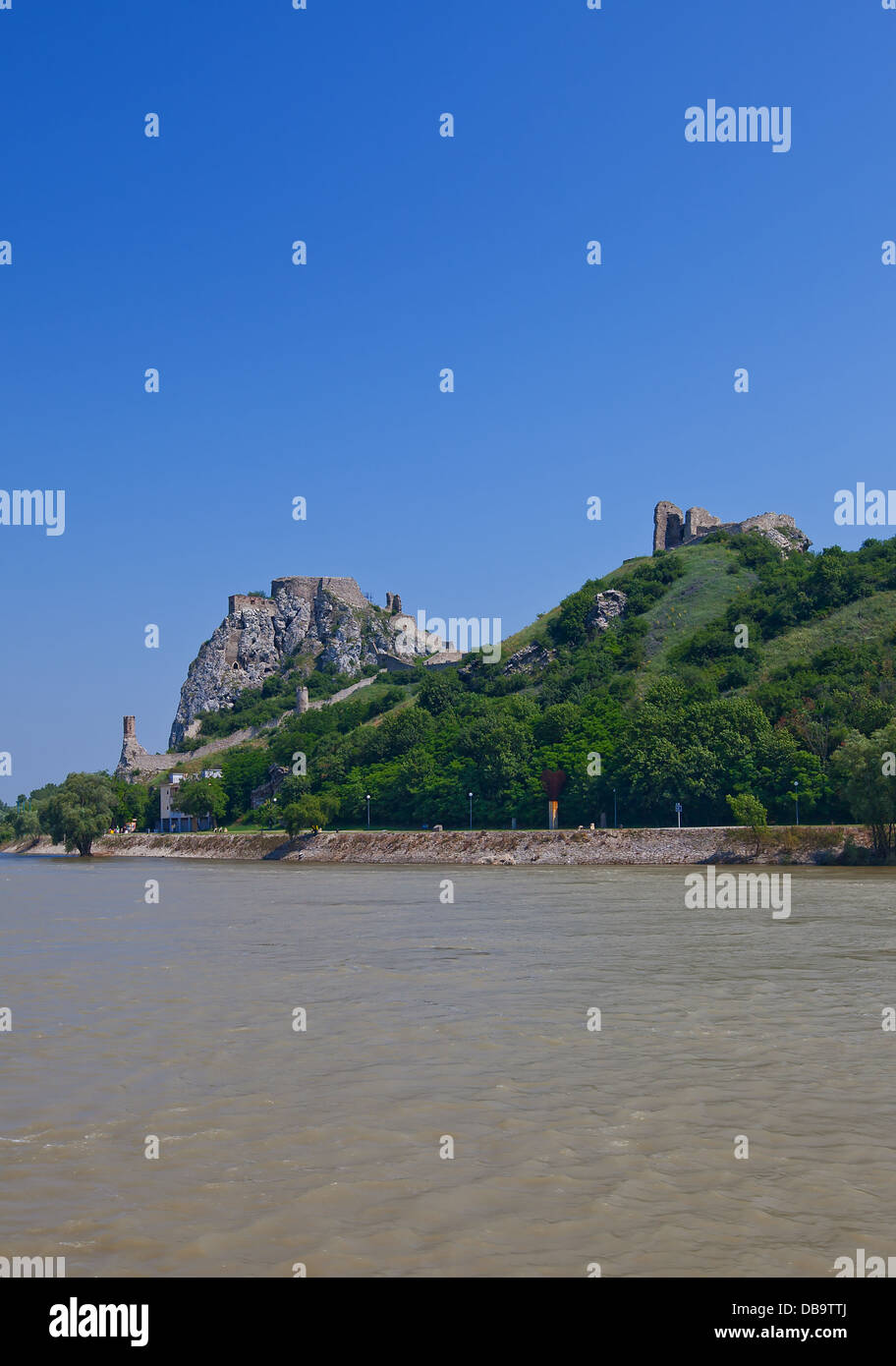 View of Devin castle (founded in IX c.) from Danube river. Bratislava ...
