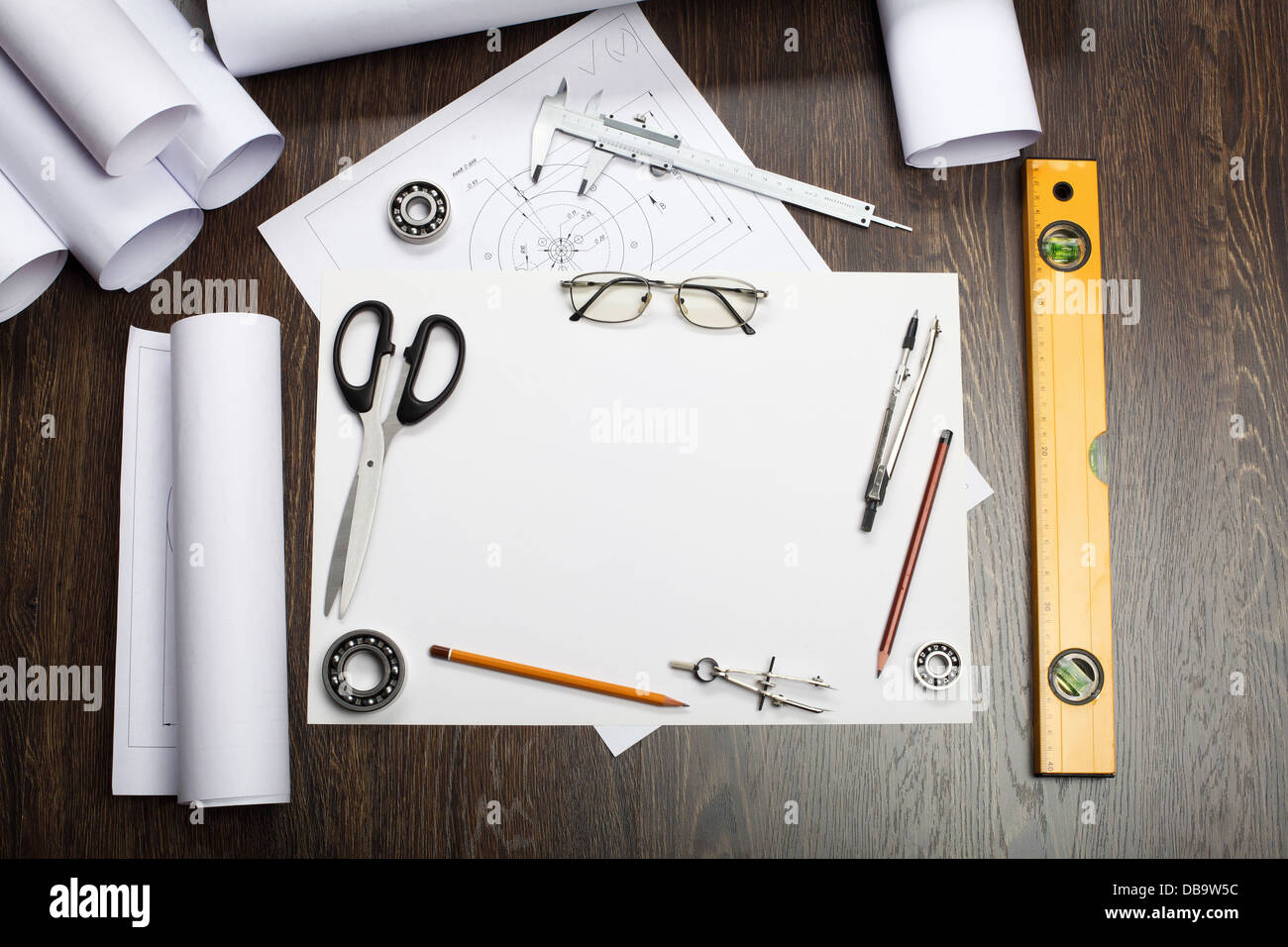 Tools and papers with sketches Stock Photo - Alamy