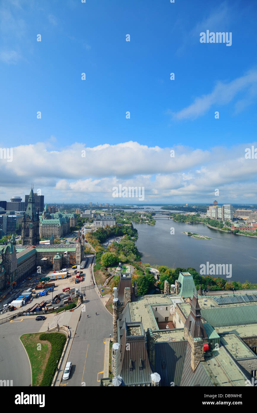 Ottawa cityscape in the day over river with historical architecture ...