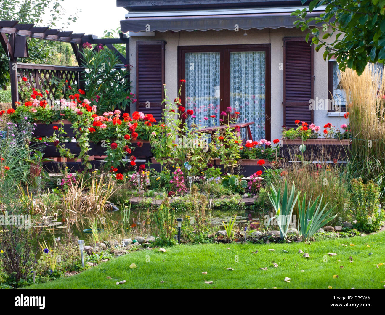 Allotment garden with garden house and pond Stock Photo - Alamy
