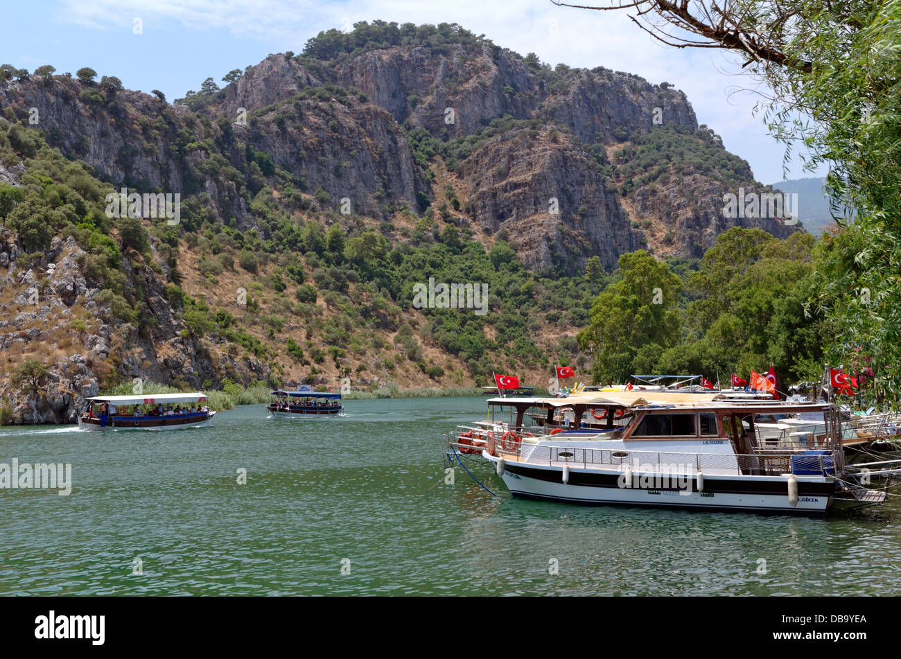 Tourist boats at the Dalyan river, Dalyan, Ortaca, Mugla, Turkey Stock ...
