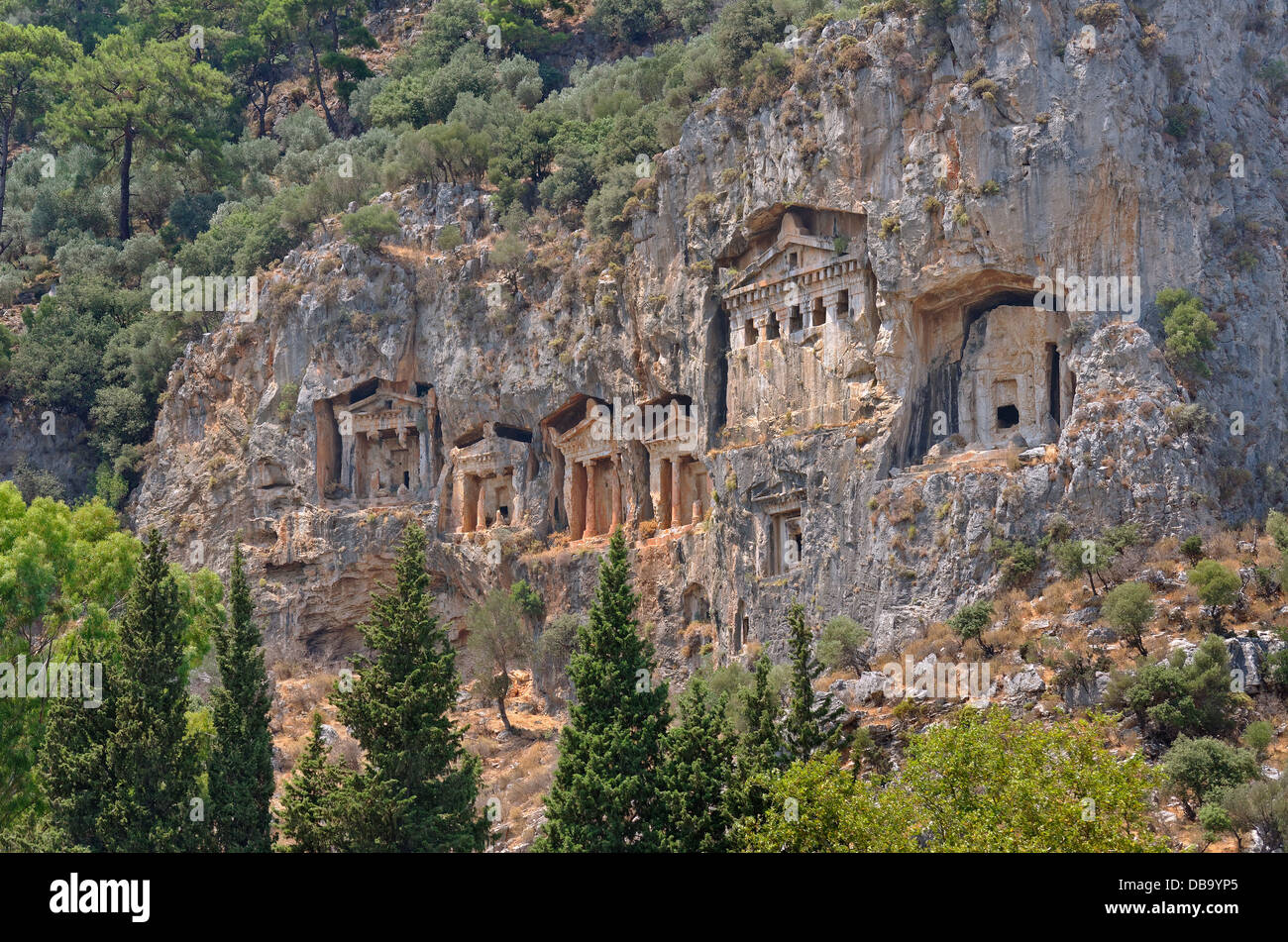 Rock tombs above the Dalyan river at Dalyan, Ortaca, Mugla, Turkey ...