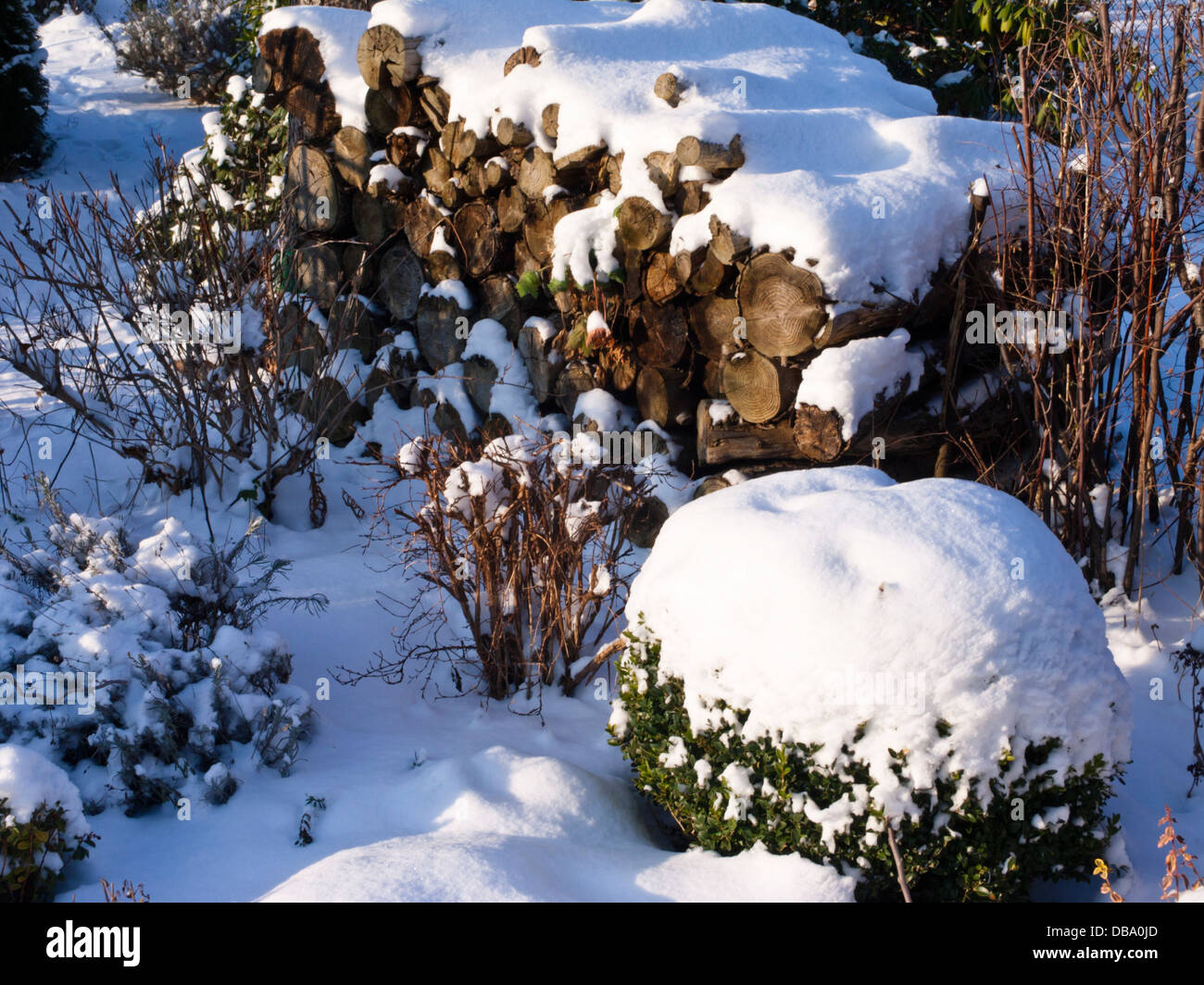 Show-covered stack of wood in a garden Stock Photo - Alamy