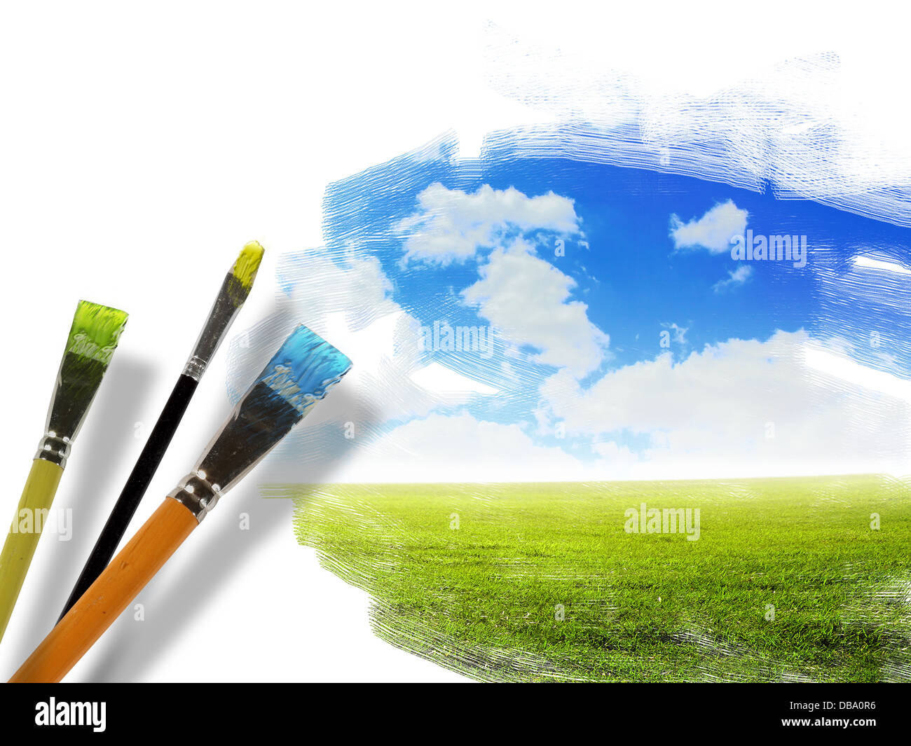 Paint brushes and landscape image Stock Photo - Alamy