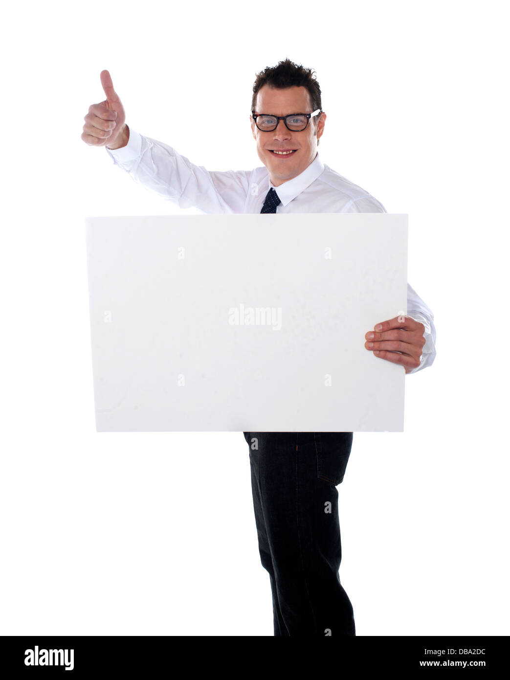 Thumbs up businessman holding banner ad Stock Photo - Alamy
