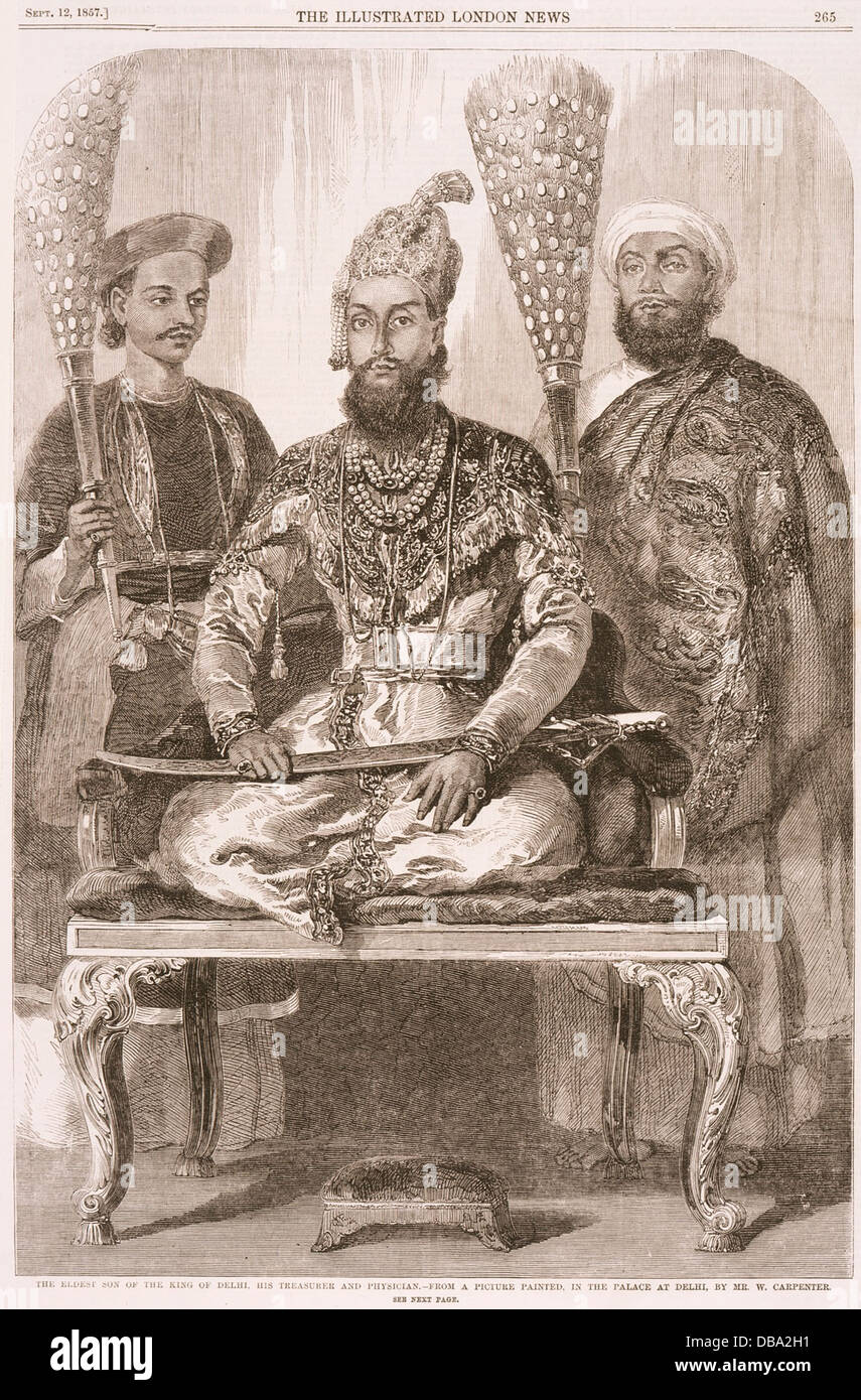 This artwork depicts Prince Mirza Muhammad Fakhruddin of Delhi, flanked ...