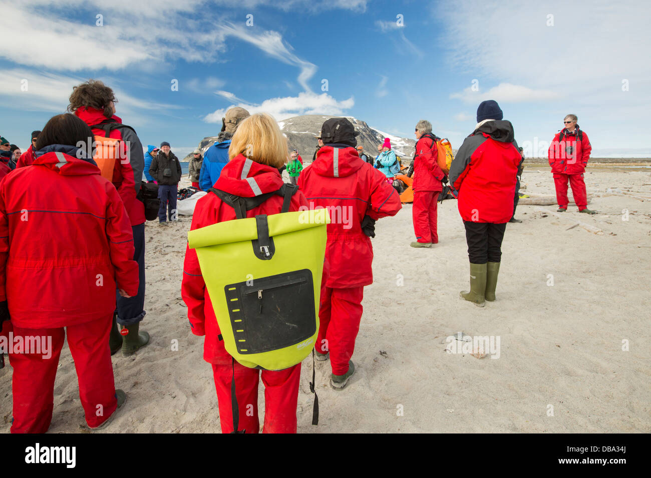 An expedition cruise tour group on a beach in northern Svalbard Stock ...