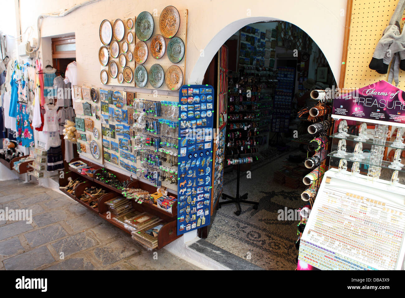 Souvenir shops in the old town of Lindos, Rhodes, Greece Stock Photo ...