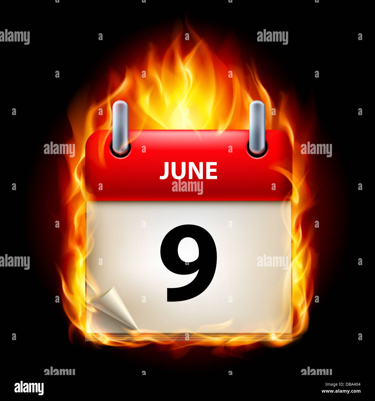 Ninth June in Calendar. Burning Icon on black background Stock Photo ...