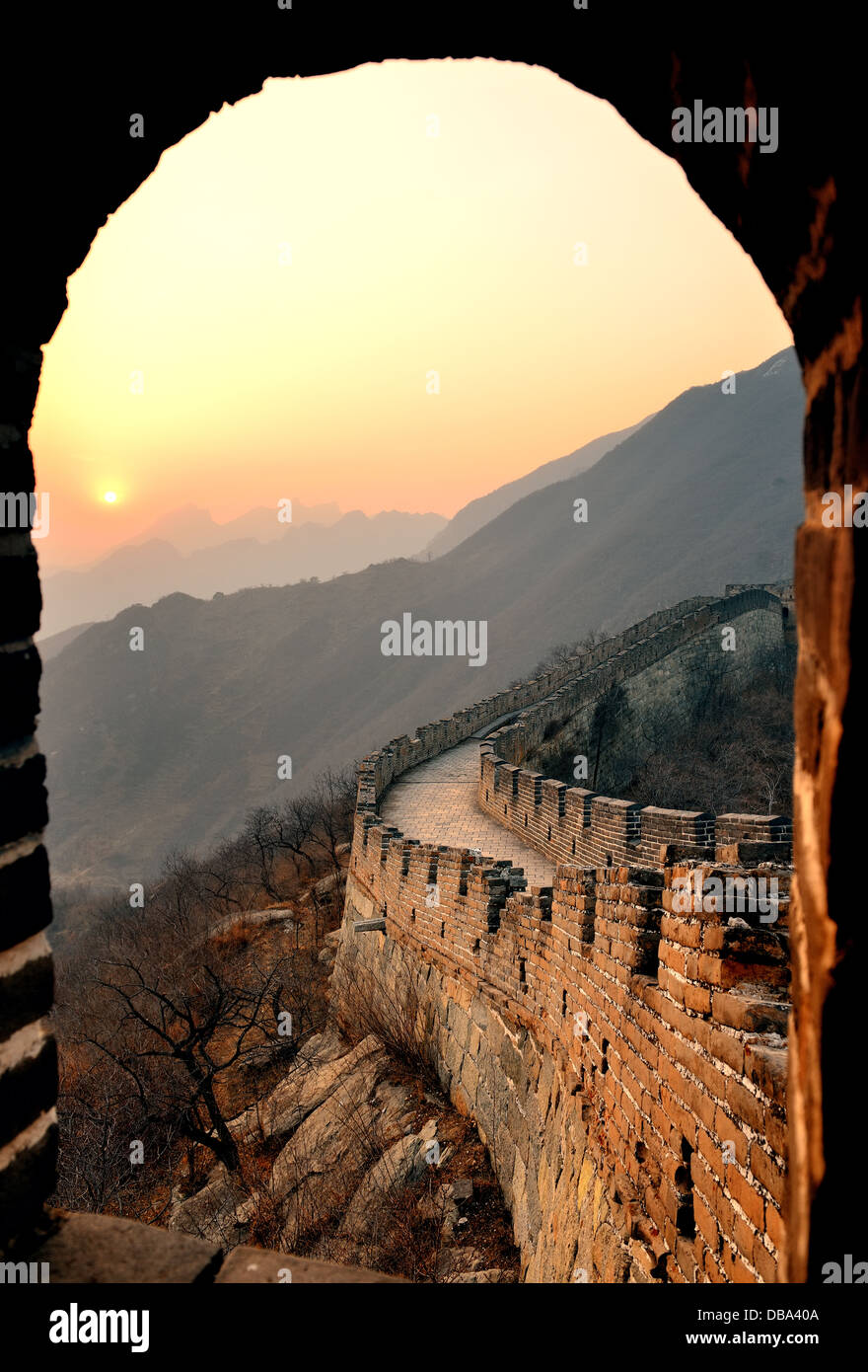 Great Wall sunset through window over mountains in Beijing, China Stock ...