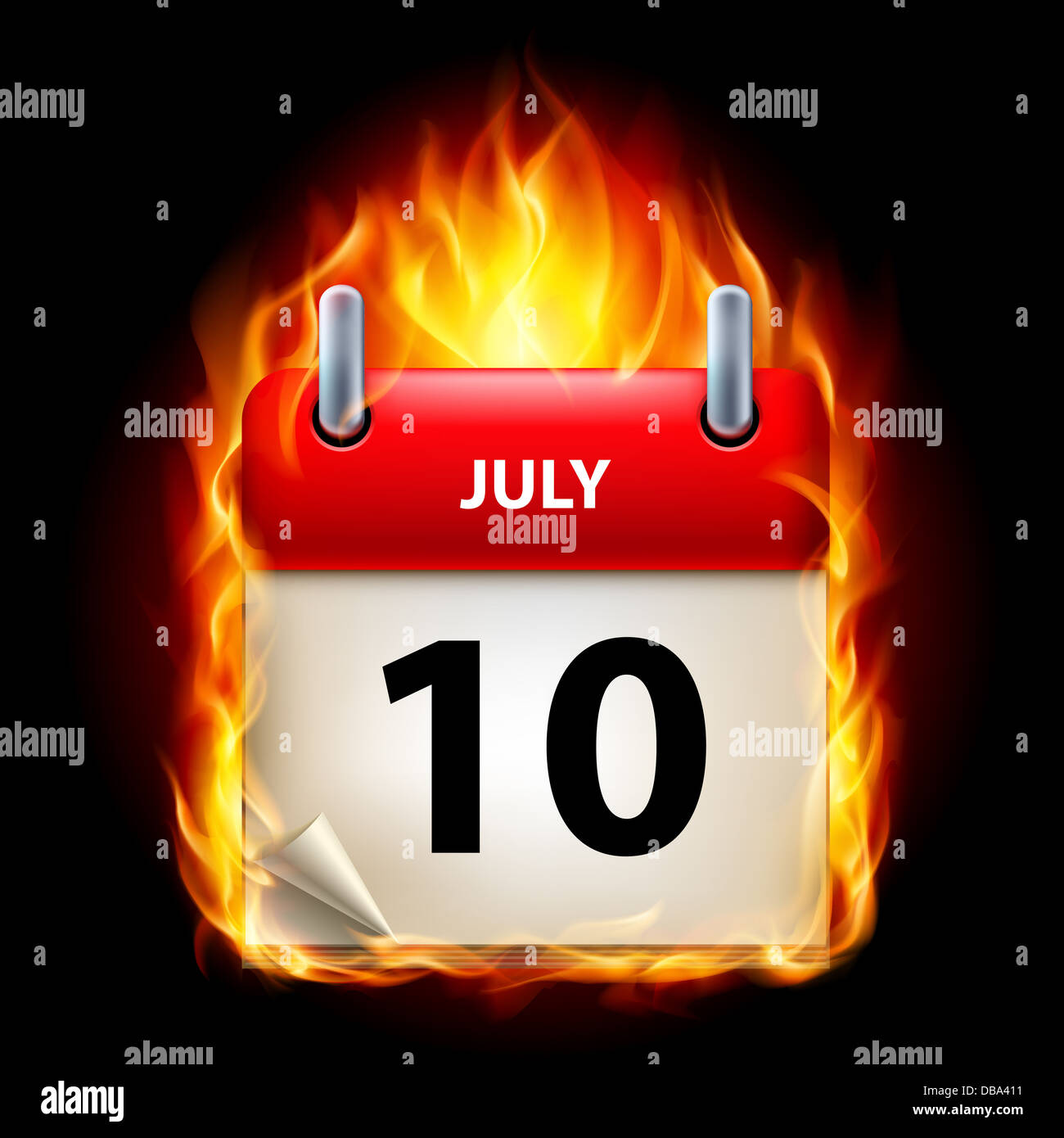 Tenth July in Calendar. Burning Icon on black background Stock Photo ...