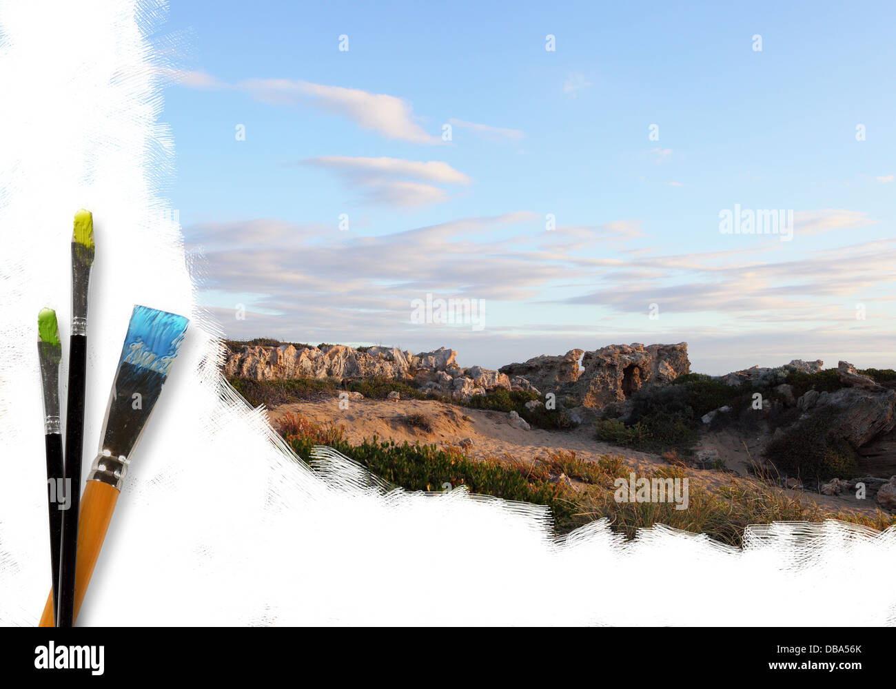 Paint brushes and landscape image Stock Photo - Alamy