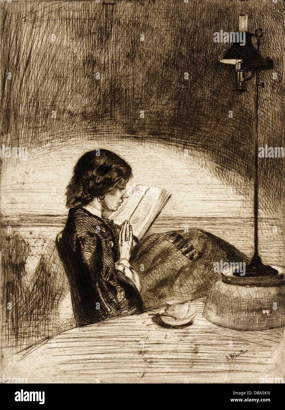 'Reading by Lamplight' is a painting depicting a figure reading under ...