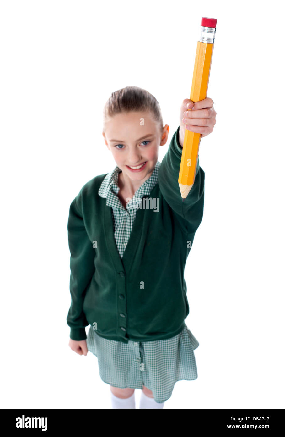 Aerial view of little girl holding pencil Stock Photo - Alamy
