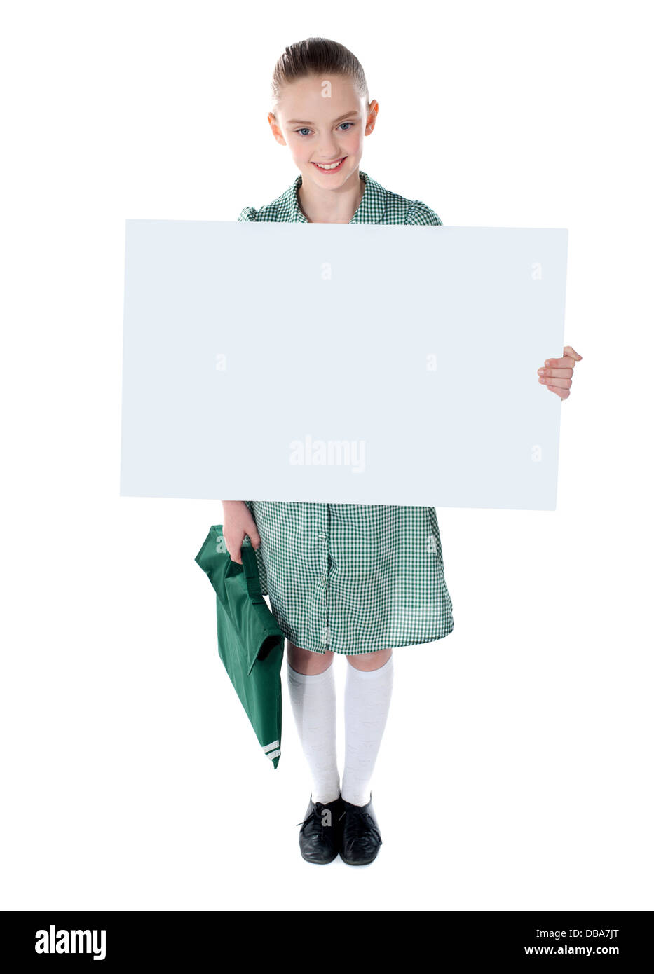 Cute school girl with an advertising board Stock Photo - Alamy