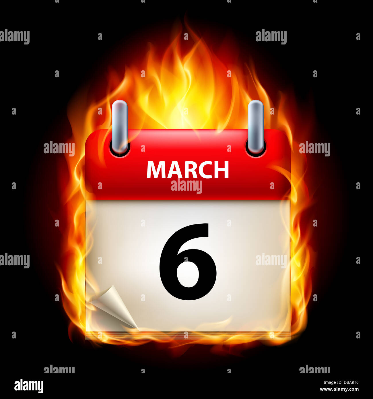 Sixth March in Calendar. Burning Icon on black background Stock Photo ...
