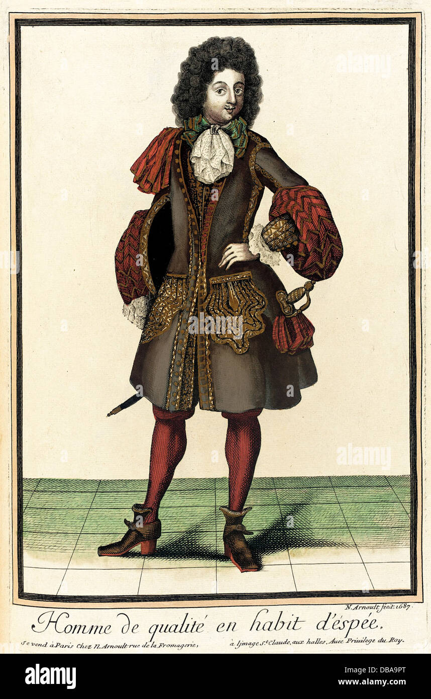 This detailed engraving illustrates the attire of a nobleman in 18th ...