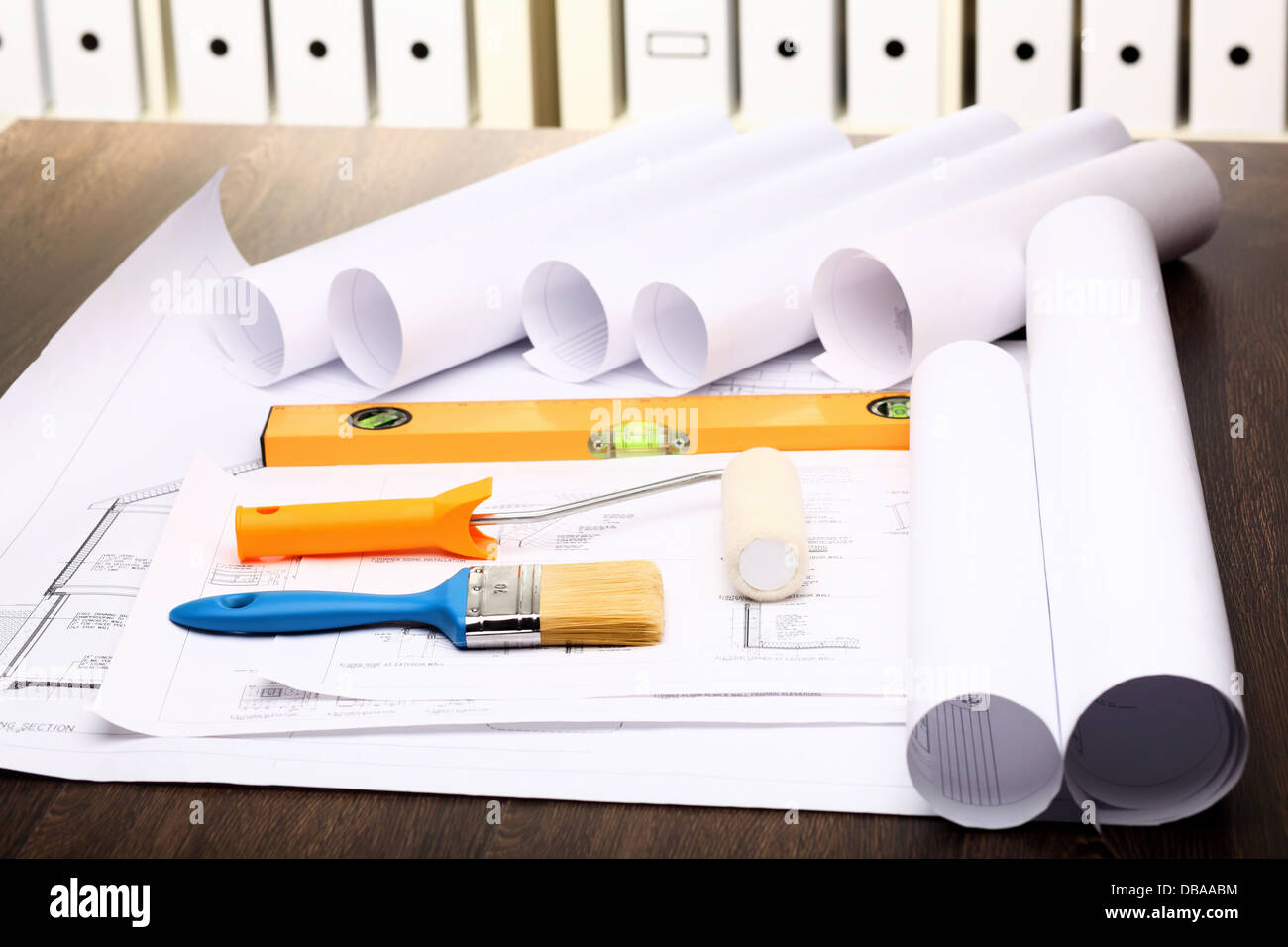 Tools and papers with sketches Stock Photo - Alamy