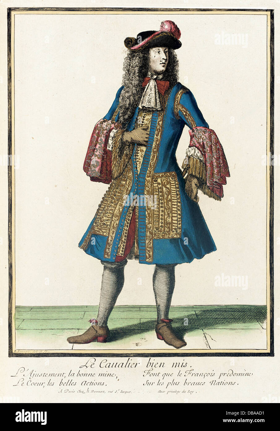 This 18th-century fashion illustration depicts a well-dressed French ...