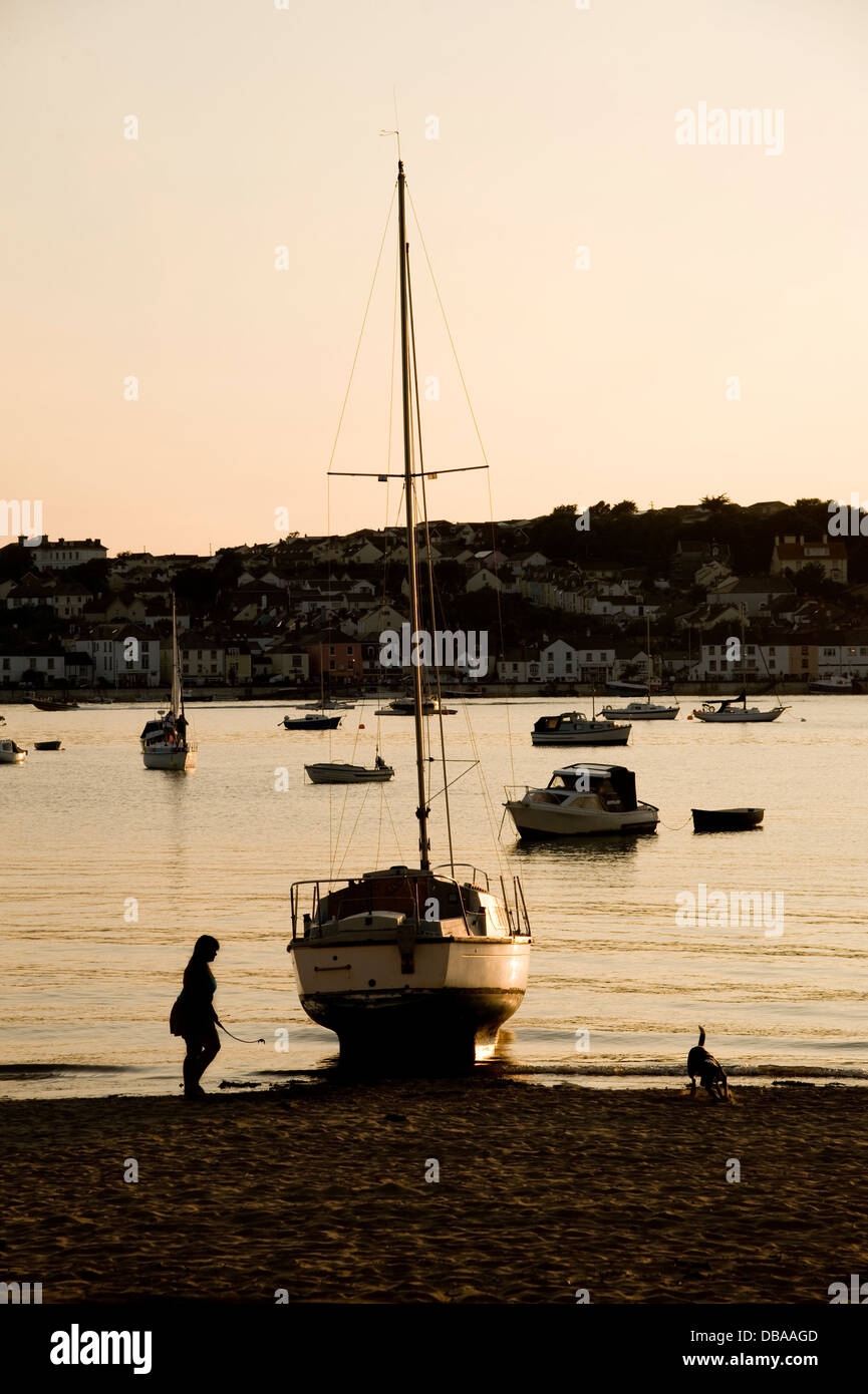 Lady walking her dog at the waters edge as the sun sets on a Devon ...