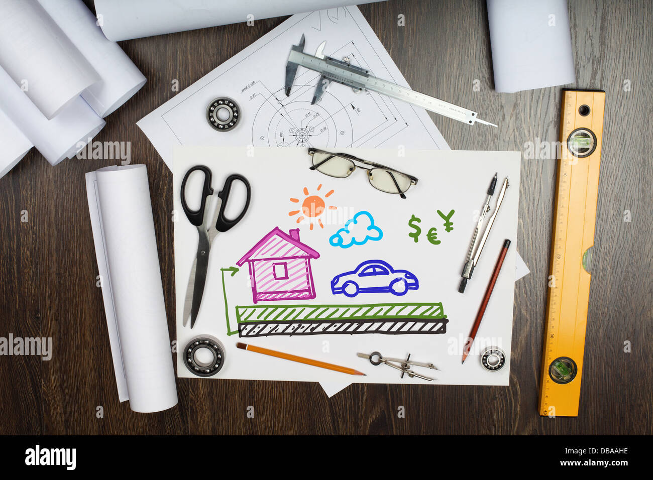 Tools and papers on the table Stock Photo - Alamy