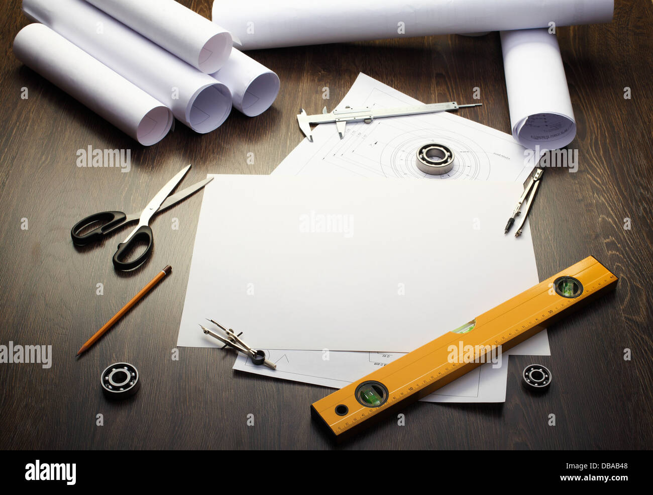 Tools and papers with sketches Stock Photo - Alamy