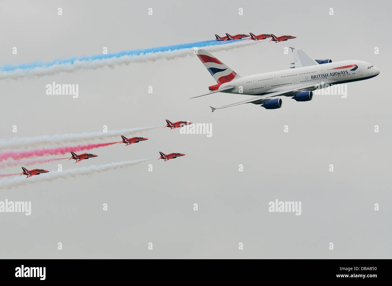 The famous Royal Air Force Red Arrows BAe Hawk jets in formation with ...