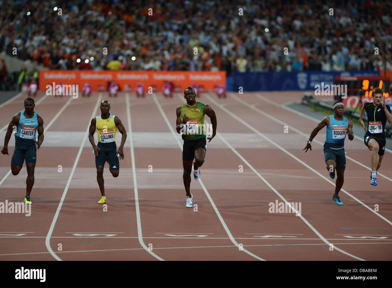 London, UK. 26th July, 2013. Usain Bolt race to victory in the men's ...