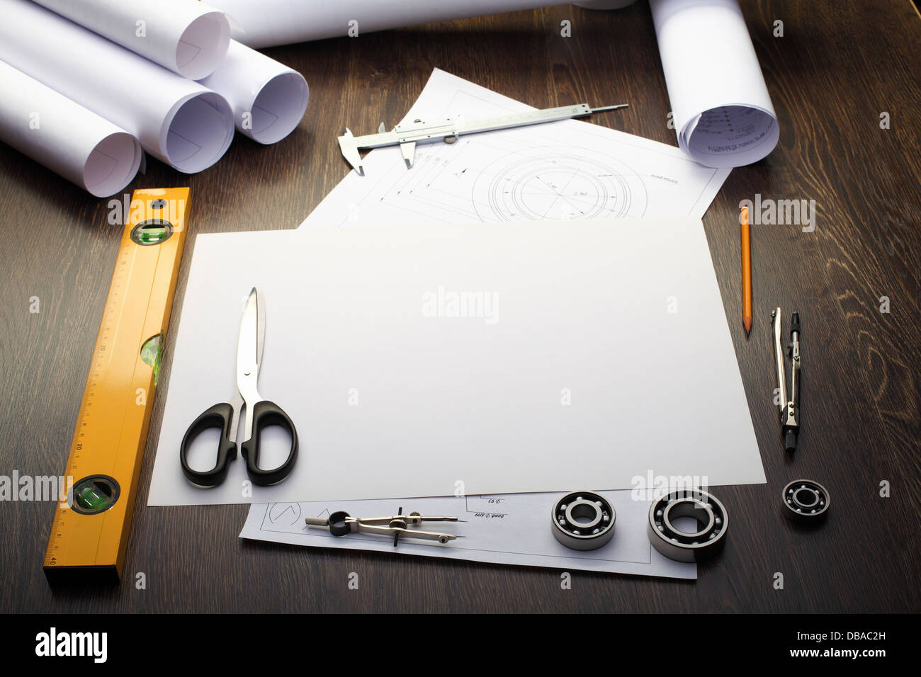 Tools and papers with sketches Stock Photo - Alamy